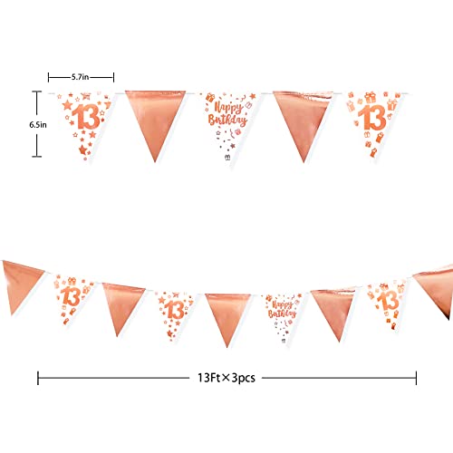 40Ft Rose Gold 13th Birthday Decorations Happy 13th Birthday Banner Bunting Triangle Flag Pennant Garland for Teen Girls 13 Year Old Happy Birthday Decor Thirteen Official Teenager Party Supplies