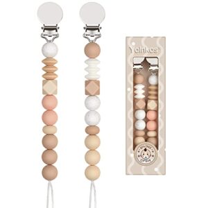 yolnkos pacifier clips for baby boys girls leash holder 2-pack(oatmeal.peach)