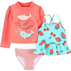 Simple Joys by Carter's Toddler Girls' 3-Piece Assorted Rashguard Sets, Rose/Teal Blue, Strawberry/Whale, 3T