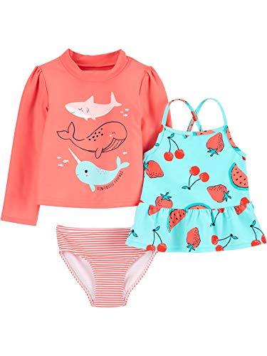 Simple Joys by Carter's Toddler Girls' 3-Piece Assorted Rashguard Sets, Rose/Teal Blue, Strawberry/Whale, 3T