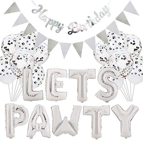 Dreamcolor Dog Happy Birthday Decorations Lets Pawty Balloon Dog Cat Party Banner (Silver)