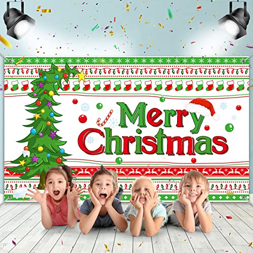 Christmas Backdrop Merry Christmas Photography Background 72.8 x 43.3 Inch Christmas Party Decorations Large Fabric Red and Green Xmas Sign Banner Photo Booth Props for Christmas Winter Holiday Party