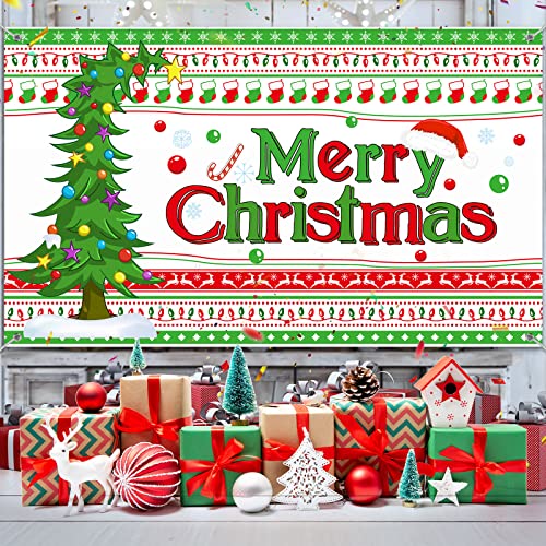 Christmas Backdrop Merry Christmas Photography Background 72.8 x 43.3 Inch Christmas Party Decorations Large Fabric Red and Green Xmas Sign Banner Photo Booth Props for Christmas Winter Holiday Party