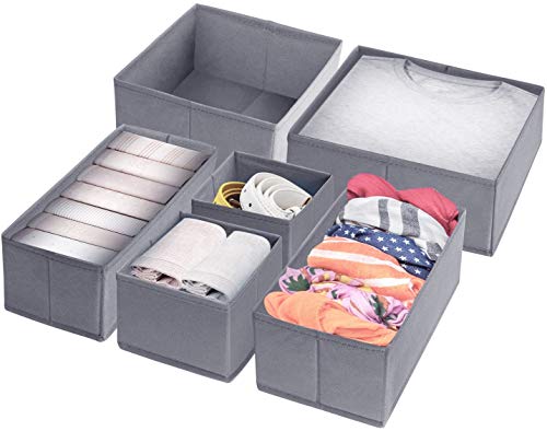 homyfort Dresser Drawer Organizer, Foldable Cloth Storage Box Closet Cube Basket Bins Containers Divider with Drawers for Underwear, Bras, Socks, Ties, Scarves, Set of 6, Grey