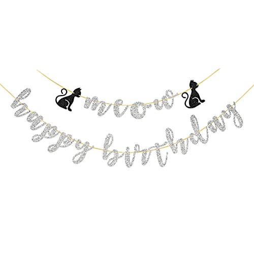 INNORU Cat Birthday Banner, Cat Happy Birthday Party Banner, Meow Garland Bunting, Pet Cat Birthday Party Decoration Silver Glitter