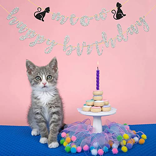 INNORU Cat Birthday Banner, Cat Happy Birthday Party Banner, Meow Garland Bunting, Pet Cat Birthday Party Decoration Silver Glitter