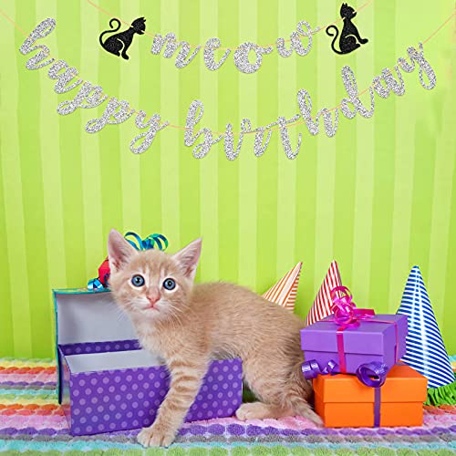 INNORU Cat Birthday Banner, Cat Happy Birthday Party Banner, Meow Garland Bunting, Pet Cat Birthday Party Decoration Silver Glitter