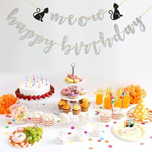 INNORU Cat Birthday Banner, Cat Happy Birthday Party Banner, Meow Garland Bunting, Pet Cat Birthday Party Decoration Silver Glitter