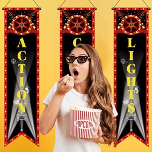 3Pcs Movie Night Porch Sign Banner Movie Theme Party Decorations Movie Theater Welcome Now Showing Lights Camera Action Hanging Porch Sign for Home Film Backdrop Party Supplies