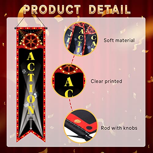 3Pcs Movie Night Porch Sign Banner Movie Theme Party Decorations Movie Theater Welcome Now Showing Lights Camera Action Hanging Porch Sign for Home Film Backdrop Party Supplies