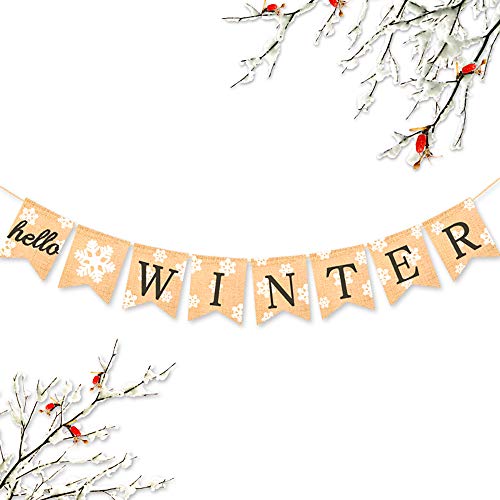 7-gost Burlap Hello Winter Banner Snowflake Winter Holiday Bunting Garland Decoration