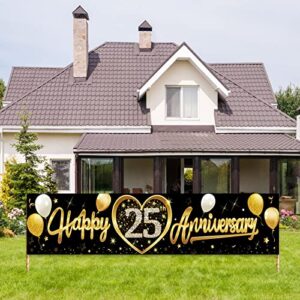 Kauayurk Happy 25th Wedding Anniversary Banner Decorations, Black Gold 25th Anniversary Sign Party Supplies, 25th Wedding Anniversary Decor Photo Booth for Outdoor Indoor