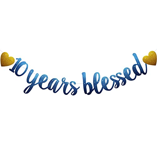 10 Years Blessed Banner, Pre-Strung, Blue Glitter Paper Garlands for 10th Birthday / Wedding Anniversary Party Decorations Supplies, No Amssembly Required,(Blue)SUNbetterland