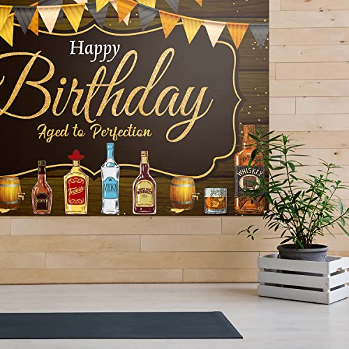 Whisky Birthday Backdrop Banner Decor Black - Whisky Cheer & Beer Theme Aged to Perfection Happy Birthday Party Decorations for Men Women Supplies, 3.9x5.9 ft