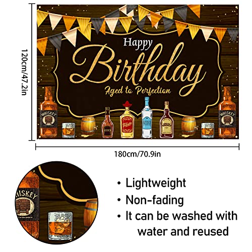 Whisky Birthday Backdrop Banner Decor Black - Whisky Cheer & Beer Theme Aged to Perfection Happy Birthday Party Decorations for Men Women Supplies, 3.9x5.9 ft