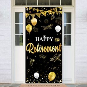 happy retirement party door banner decorations, gold black retired door cover party supplies for women men, retirement photos booth backdrops party door decor sign