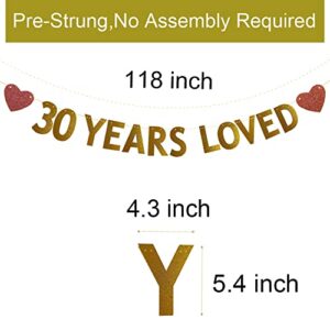 30 Years Loved Banner for 30th Birthday /Wedding Anniversary Party Decorations Supplies, Pre-strung, No Assembly Required, Gold Glitter Paper Garlands Banner Backdrops, Letters Gold, Betteryanzi