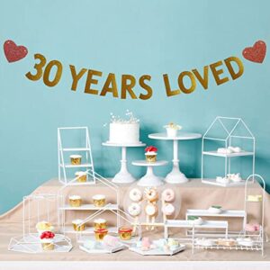 30 Years Loved Banner for 30th Birthday /Wedding Anniversary Party Decorations Supplies, Pre-strung, No Assembly Required, Gold Glitter Paper Garlands Banner Backdrops, Letters Gold, Betteryanzi