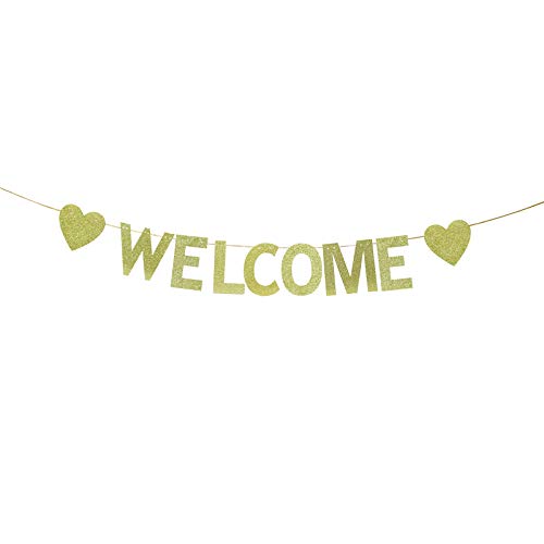 Kunggo Welcome Hanging Sign Banner- Gold Glitter First Day of School, Office, Baby Shower, Homecoming, Reunion, Military Army Homecoming Party Decorations.