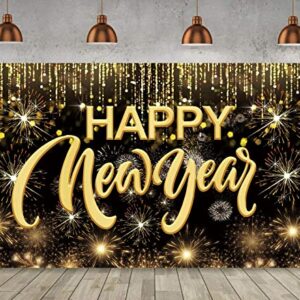 Happy New Year Hanging Extra Large Fabric Sign Poster Background Banner with Firework Pattern for New Year Party Decorations