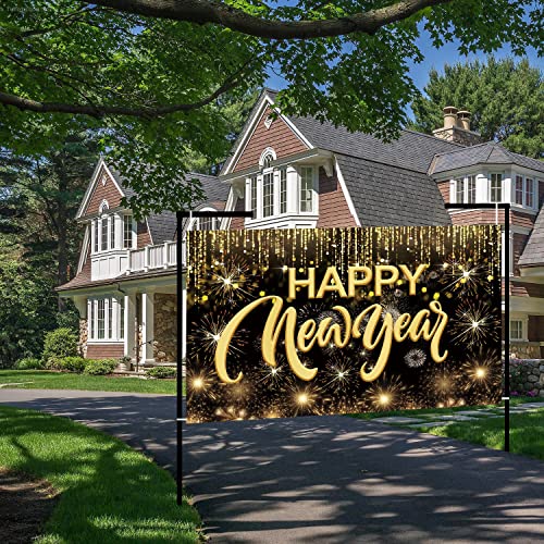 Happy New Year Hanging Extra Large Fabric Sign Poster Background Banner with Firework Pattern for New Year Party Decorations