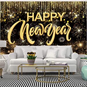 Happy New Year Hanging Extra Large Fabric Sign Poster Background Banner with Firework Pattern for New Year Party Decorations