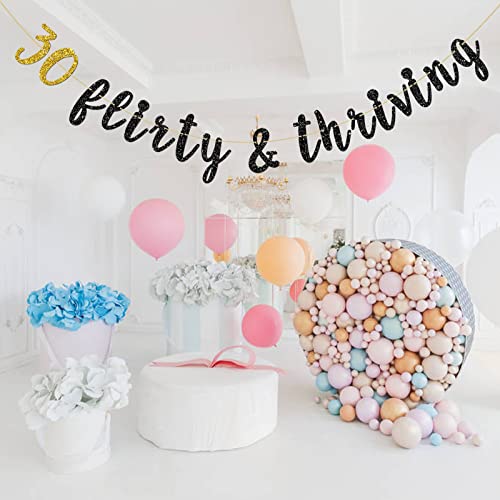 INNORU 30 Flirty & Thriving Banner, Happy 30th Birthday Party Decorations, 30th Anniversary Banner, Cheers to 30 Years Party Decoration Black Glitter