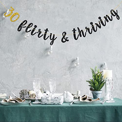 INNORU 30 Flirty & Thriving Banner, Happy 30th Birthday Party Decorations, 30th Anniversary Banner, Cheers to 30 Years Party Decoration Black Glitter