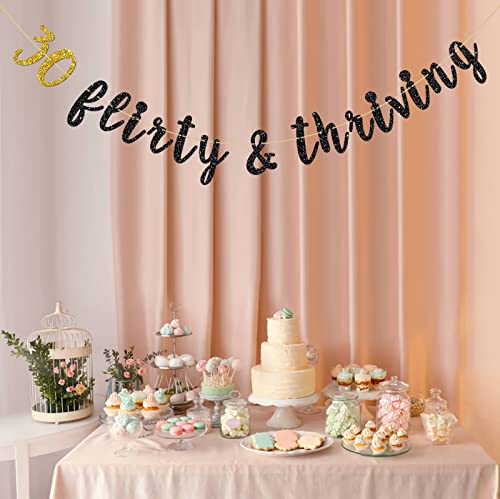 INNORU 30 Flirty & Thriving Banner, Happy 30th Birthday Party Decorations, 30th Anniversary Banner, Cheers to 30 Years Party Decoration Black Glitter