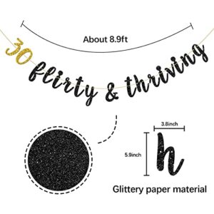 INNORU 30 Flirty & Thriving Banner, Happy 30th Birthday Party Decorations, 30th Anniversary Banner, Cheers to 30 Years Party Decoration Black Glitter