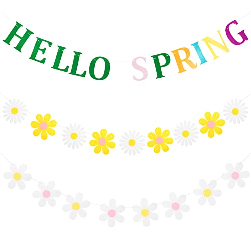 3 Pieces Hello Spring Banners Spring Flower Banner Garland Decoration, Spring Daisies Garlands for Outdoors Indoors Party Hanging Celebrations Decorations (Spring)