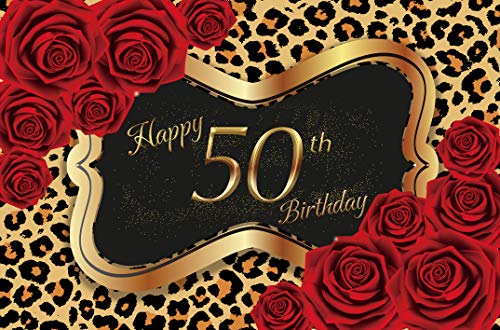 Sexy Leopard Print red Rose Theme for Girl's Woman's 50th Birthday Party Birthday Party Photography Background, Girl Party Banner Dessert Table Decorated 4x6ft