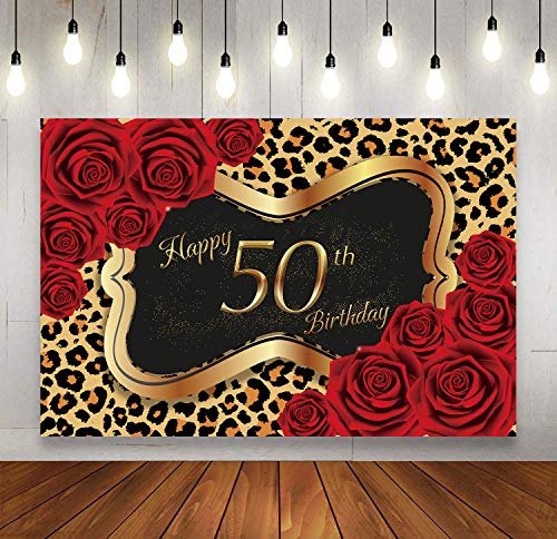 Sexy Leopard Print red Rose Theme for Girl's Woman's 50th Birthday Party Birthday Party Photography Background, Girl Party Banner Dessert Table Decorated 4x6ft