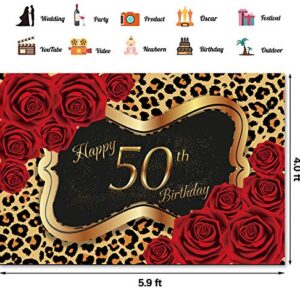 Sexy Leopard Print red Rose Theme for Girl's Woman's 50th Birthday Party Birthday Party Photography Background, Girl Party Banner Dessert Table Decorated 4x6ft