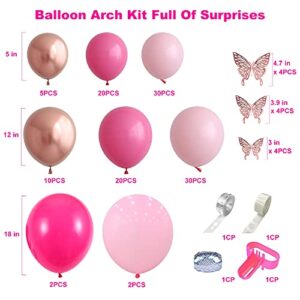 Jyouhin 130 PCS Rose and Pink Balloon Garland Arch Kit, Latex Balloons Rose Gold Butterfly Stickers Wall Decor for Wedding Party Birthday Bridal Shower Baby Shower Girl Boy Decoration