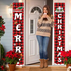 Trooer Christmas Porch Sign, Merry Christmas Banner for Outside Indoor Outdoor Christmas Decorations New Year Black Red Buffalo Plaid Hanging Banners Sign for Holiday Party Supplies Home Welcome