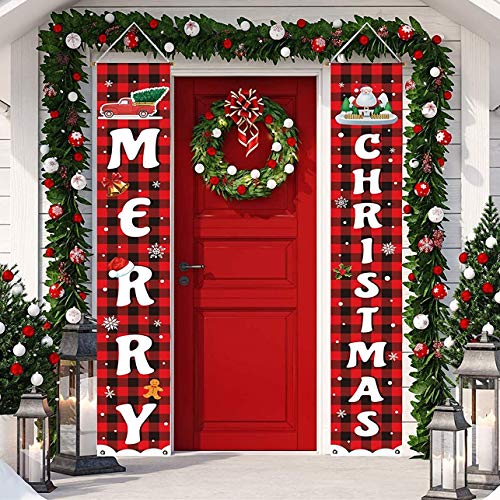 Trooer Christmas Porch Sign, Merry Christmas Banner for Outside Indoor Outdoor Christmas Decorations New Year Black Red Buffalo Plaid Hanging Banners Sign for Holiday Party Supplies Home Welcome