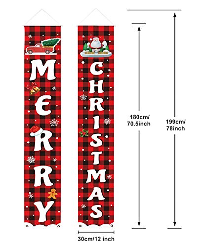 Trooer Christmas Porch Sign, Merry Christmas Banner for Outside Indoor Outdoor Christmas Decorations New Year Black Red Buffalo Plaid Hanging Banners Sign for Holiday Party Supplies Home Welcome