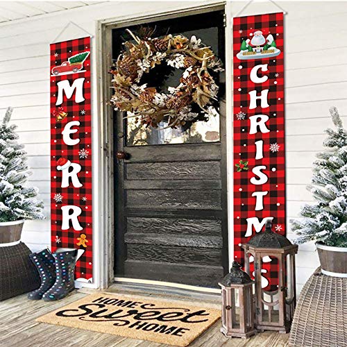 Trooer Christmas Porch Sign, Merry Christmas Banner for Outside Indoor Outdoor Christmas Decorations New Year Black Red Buffalo Plaid Hanging Banners Sign for Holiday Party Supplies Home Welcome