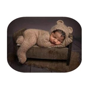 vemonllas newborn photography props boys girls outfits mohair bear hat bonnet & footed romper bodysuit photoshoot costume set (camel)