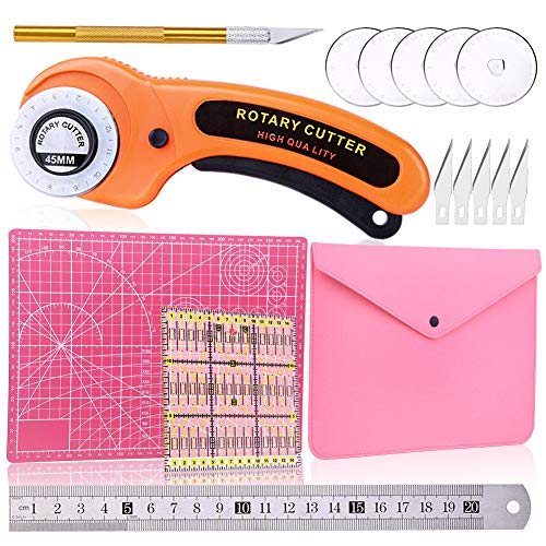 45 mm Rotary Cutter Set-Fabric Cutter with Storage Bag, A4 Self Healing Cutting Mat, Acrylic Ruler, 5 Pcs Replacement Blades and Craft Knife Ideal for Quilting, Crafting, Patchworking