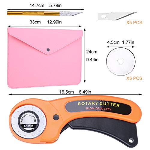 45 mm Rotary Cutter Set-Fabric Cutter with Storage Bag, A4 Self Healing Cutting Mat, Acrylic Ruler, 5 Pcs Replacement Blades and Craft Knife Ideal for Quilting, Crafting, Patchworking