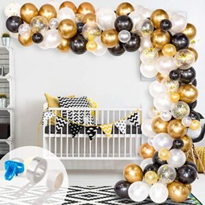 whaline balloon arch & garland kit, 120pcs black, white, gold confetti and metal latex balloons with 1pcs tying tool, balloon strip tape for graduation, wedding, birthday decor