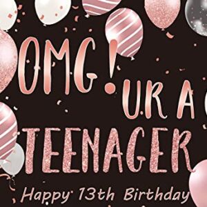 13th Birthday Backdrop Banner, OMG UR a Teenager 13th Birthday Photography Background Black and Rose Gold, 13 Year Old Girls Birthday Party Backdrop Poster Fabric 5x4ft