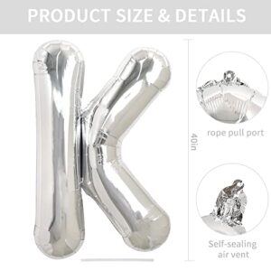 TONIFUL 40 Inch Large Silver Letter K Balloons Helium Balloons,Foil Mylar Big Letter Balloons for Birthday Party Anniversary Supplies Decorations