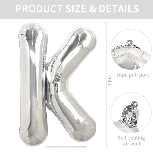 TONIFUL 40 Inch Large Silver Letter K Balloons Helium Balloons,Foil Mylar Big Letter Balloons for Birthday Party Anniversary Supplies Decorations