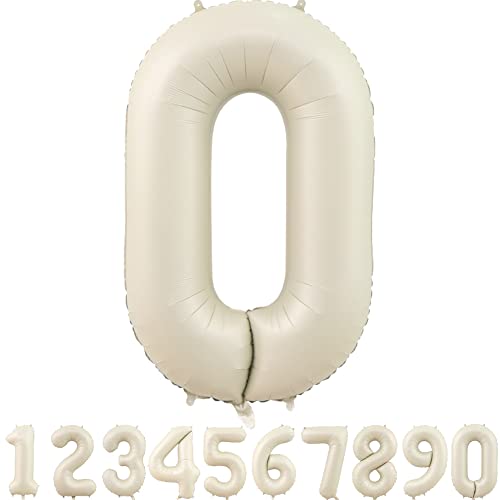 40 Inch Cream White Number 0 Balloons,Large Foil Helium Mylar Birthday Party Balloon 0-9 Matte Nude White Number (0) for Baby Shower Wedding Decorations