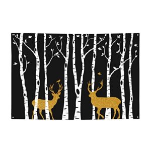 Christmas Banner Christmas Gold Deer Birch Tree Hanging Party Holiday Banner Wall Decoration Indoor Outdoor, 71 x 47 Inch