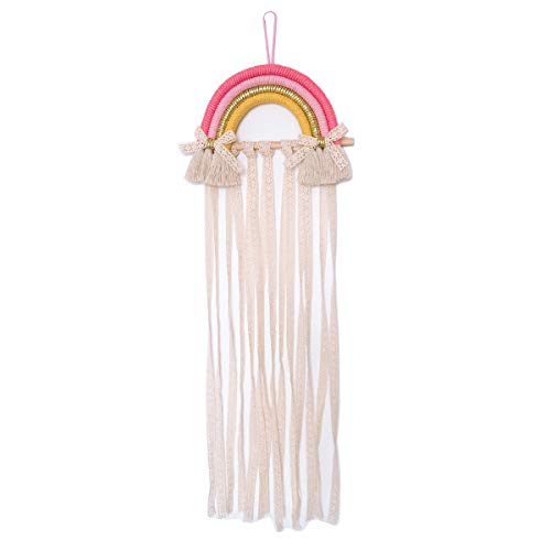 NICROLANDEE Rainbow Tassels Hair Bows Holder Hanging - Baby Hair Accessories Storage Headband Holder Hair Clips Organizer Wall Hanger Decor for Baby Girls Room Ornament (Pink Yellow)