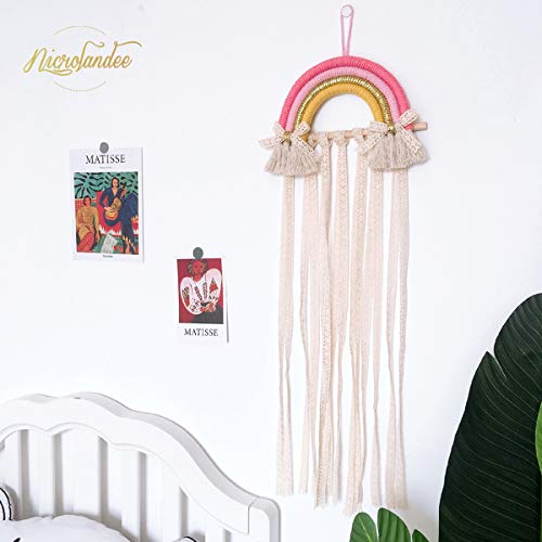 NICROLANDEE Rainbow Tassels Hair Bows Holder Hanging - Baby Hair Accessories Storage Headband Holder Hair Clips Organizer Wall Hanger Decor for Baby Girls Room Ornament (Pink Yellow)